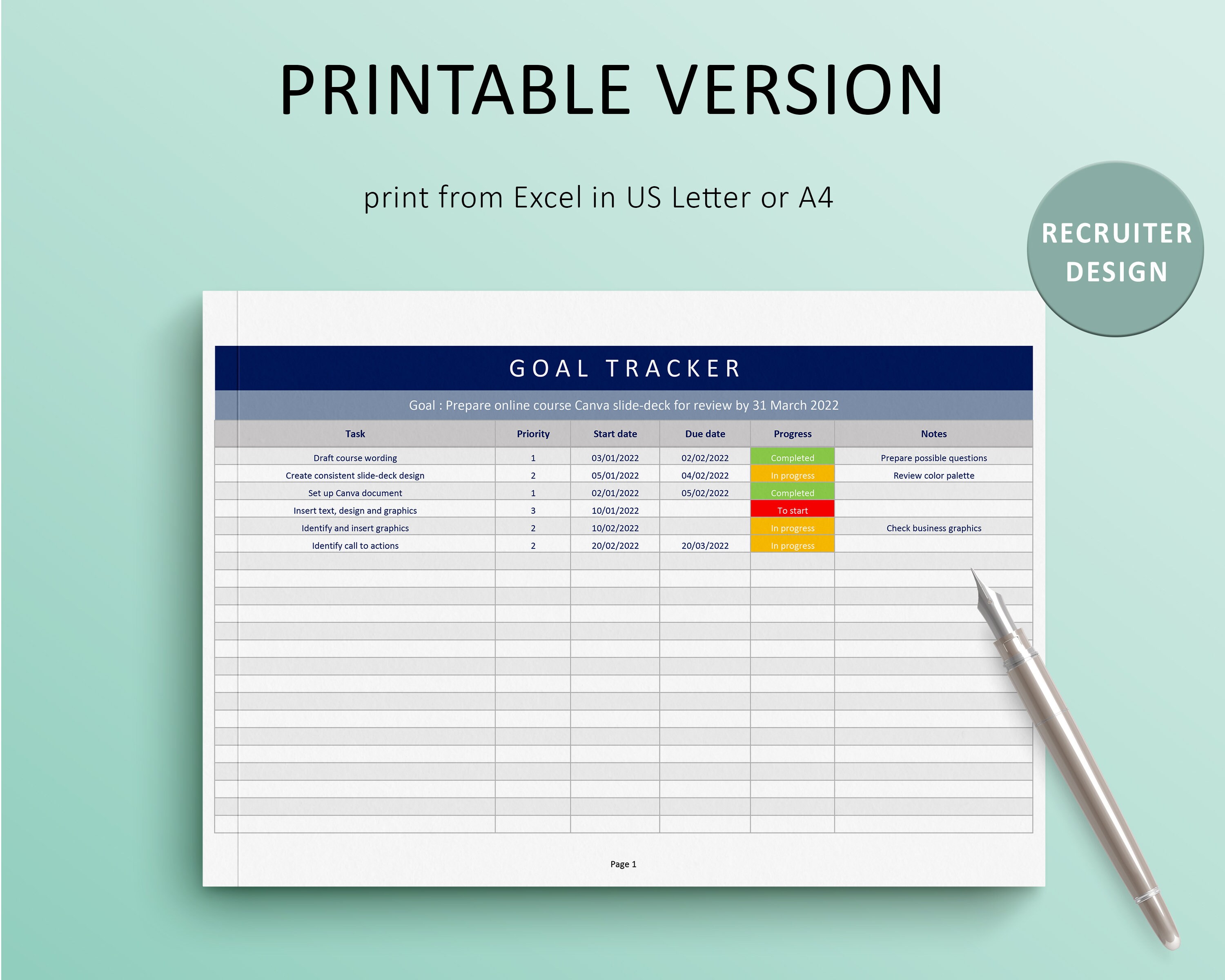 Goal Planner Spreadsheet for Excel, Goal Tracker, Printable Goal ...