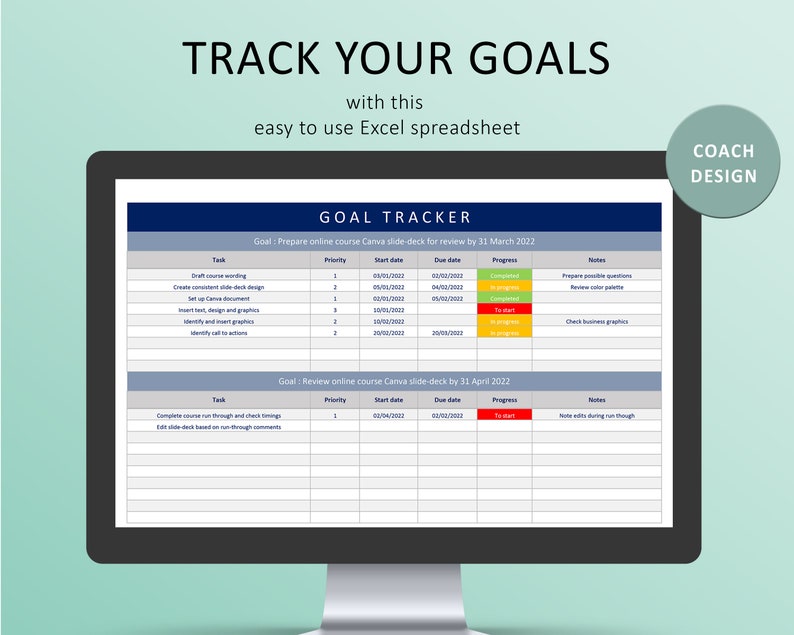 Goal Planner Spreadsheet for Excel, Goal Tracker, Printable Goal ...