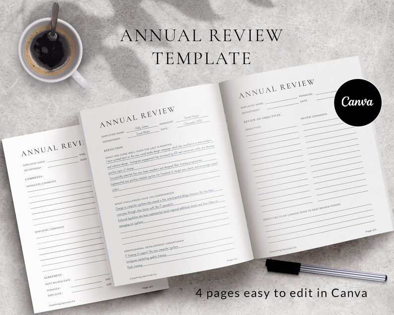 Performance Review Template, Annual Review Template, Canva Template, HR ...