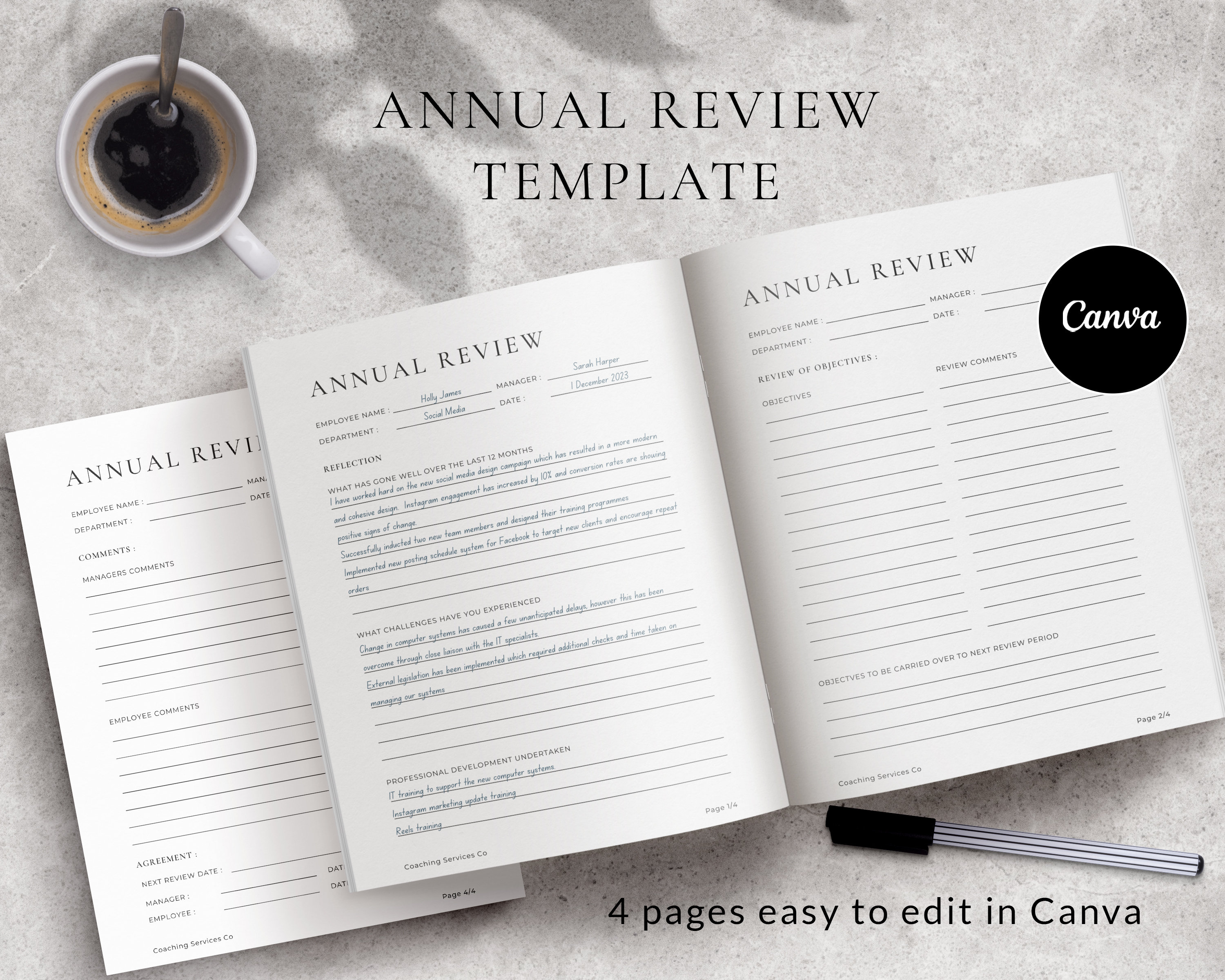 Performance Review Template, Annual Review Template, Canva Template, HR ...