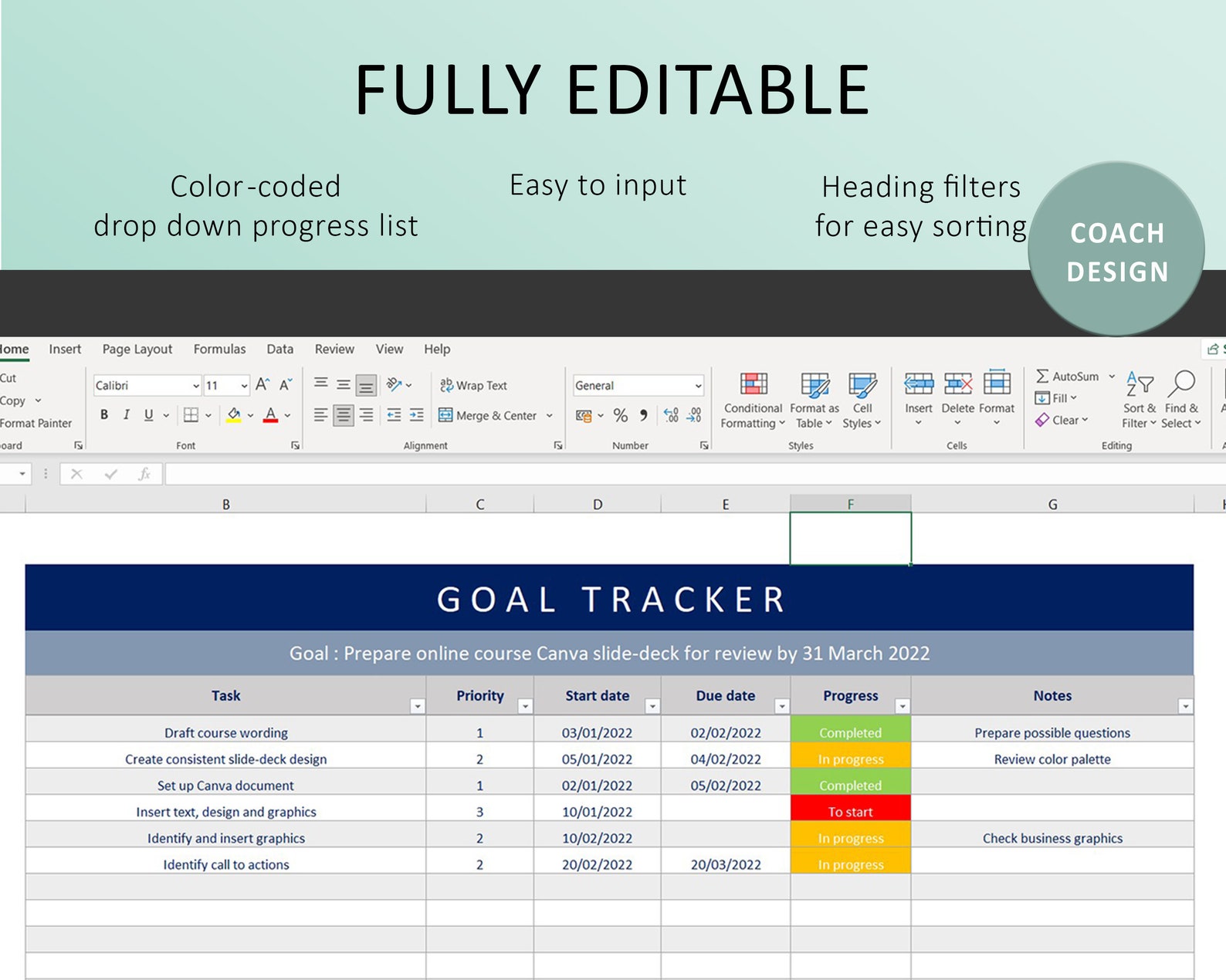 Goal Planner Spreadsheet for Excel, Goal Tracker, Printable Goal ...