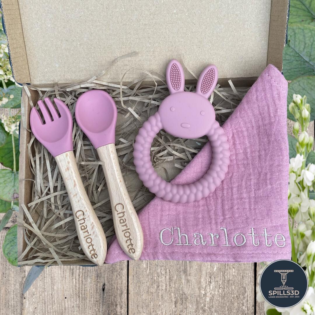 Personalised Luxury Baby Hamper Set / Baby Cutlery / Teether / Bib ...