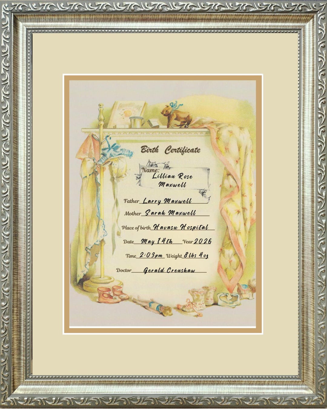 Personalized Birth Certificate for Baby Victorian Replica Framed and ...