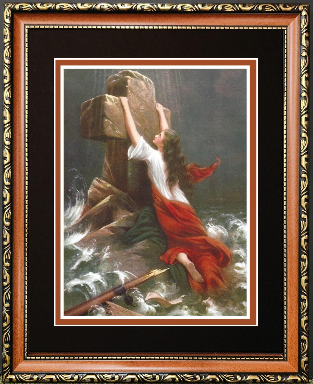 Woman Clinging to Cross in Storm Rock of Ages Framed Print - Etsy