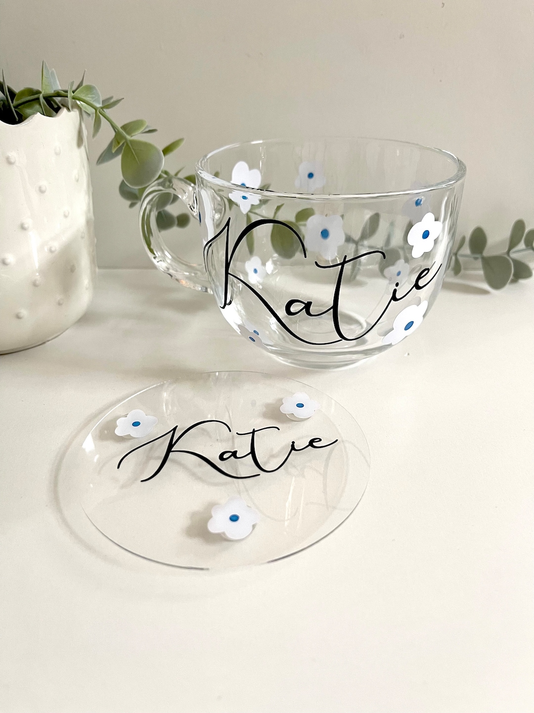 Personalised Glass Mug, Personalised Flower Mug, Glass Mug,gift Set ...