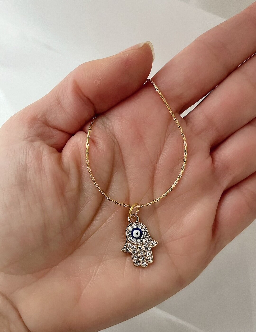 Evil Eye Charm Necklace. Hamsa Hand Rhinestone Glass Charm Gold Plated ...