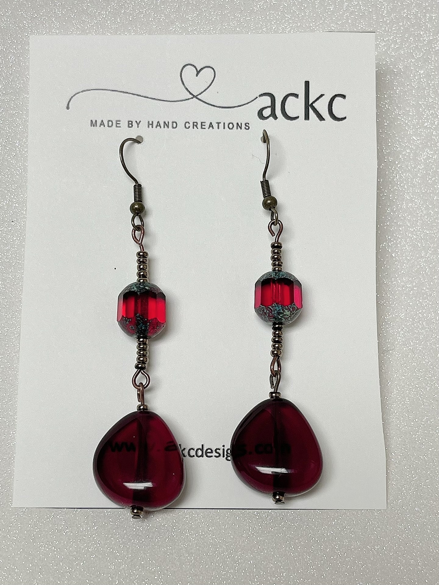 Handmade Glass Dangle Earings Deep Red Bronze Bead Accents Valentines ...