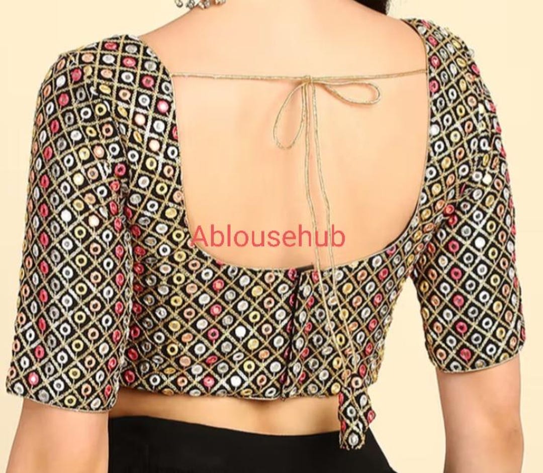 Handmade Red Made to Order Black Georgette Foil Mirror Work Blouse ...