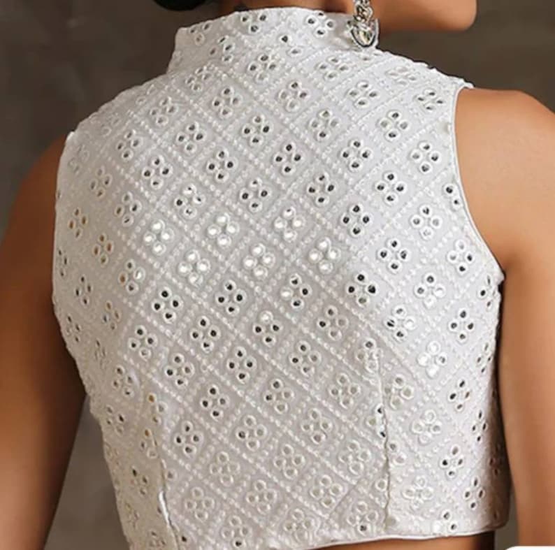 Made to Order White Mirror and Thread Work Blouse in Front V - Etsy