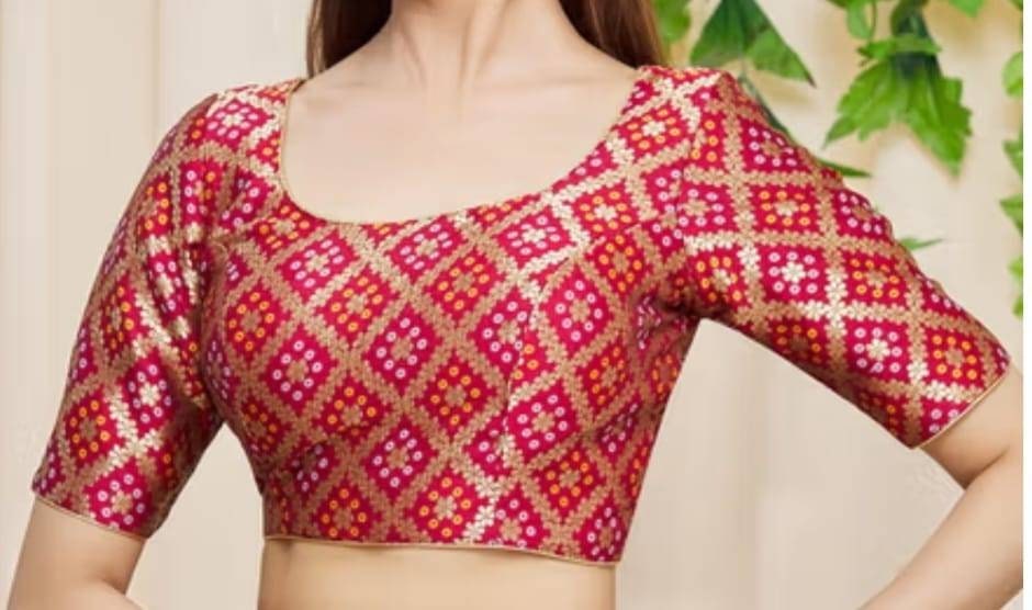 Red Bandhni Print Banarsi Blouse in Round Neck and Elbow Sleeves,indian ...
