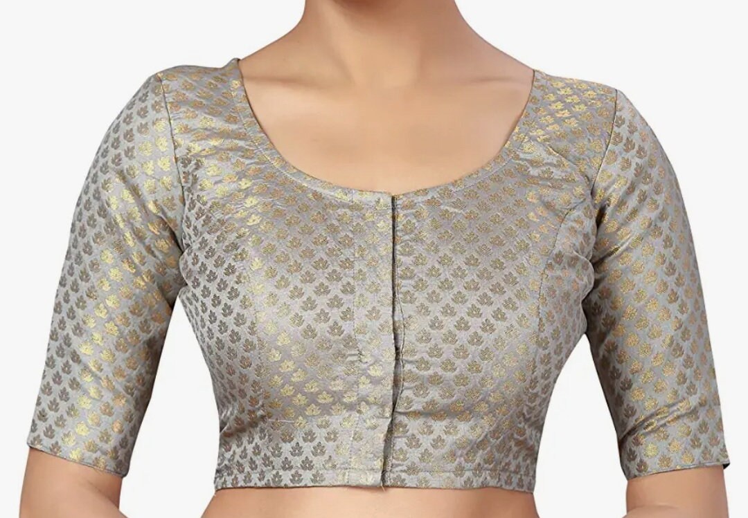 Made to Order Grey Chanderi Blouse in Round Neck and Elbow - Etsy