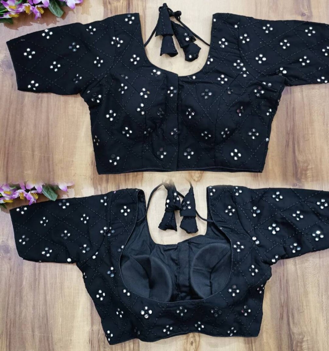 Made to Order Beautiful Black Mirror Work Blouse in Round Neck and ...