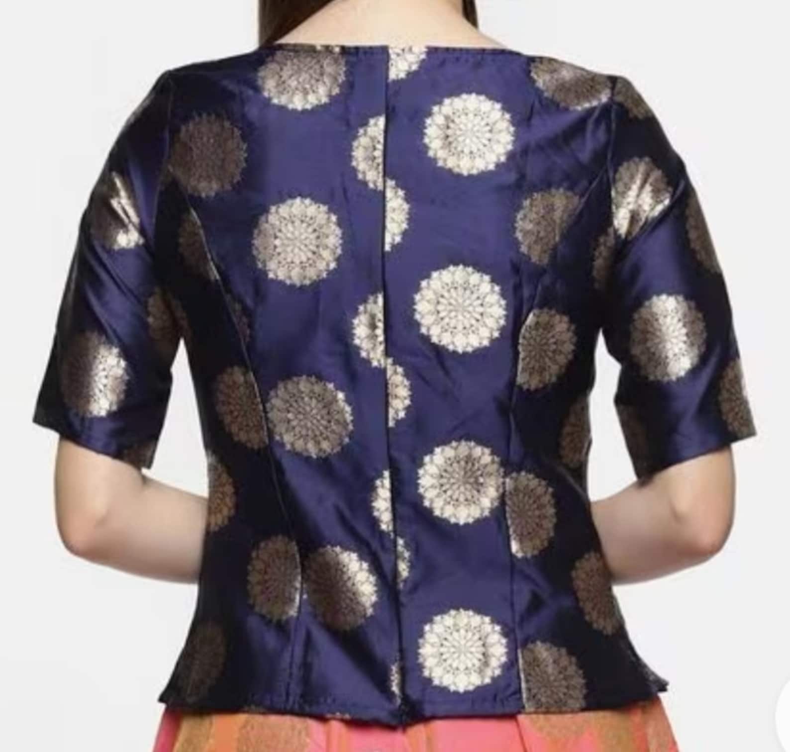 Beautiful Navy Blue Brocade Kurti in Boat Neck and Elbow Sleeves,back ...