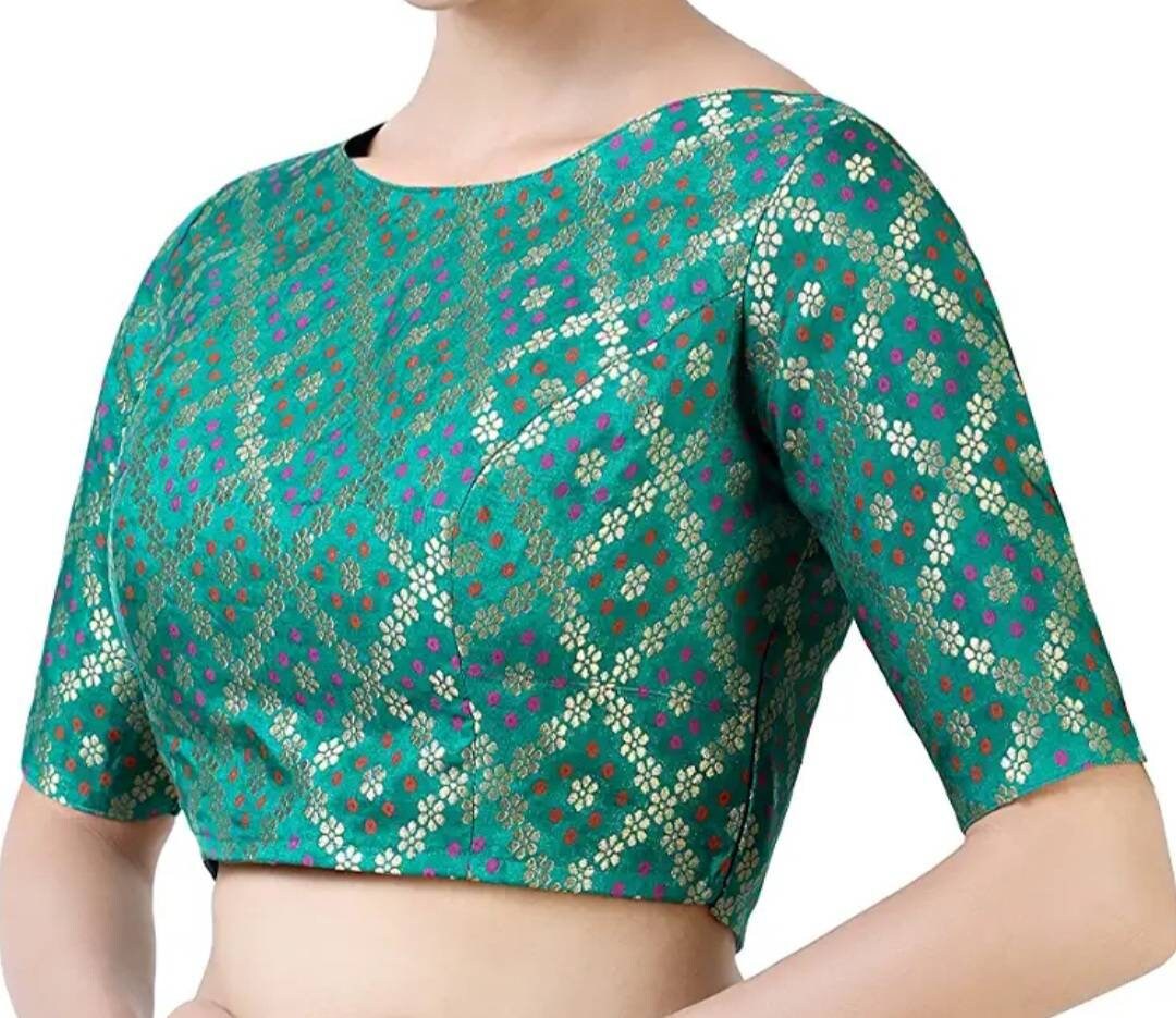 Sky Blue Bandhani Print Silk Blouse in Boat Neck..elbow Sleeves Blouse ...