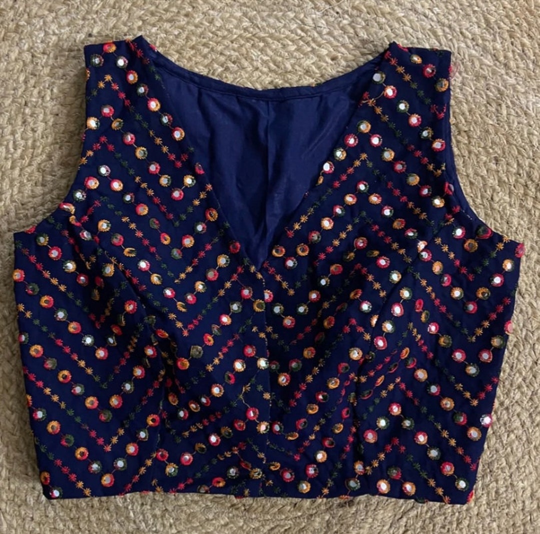 Beautiful Multicolour Thread and Sitara Work Sleevless Blouse in V Neck ...