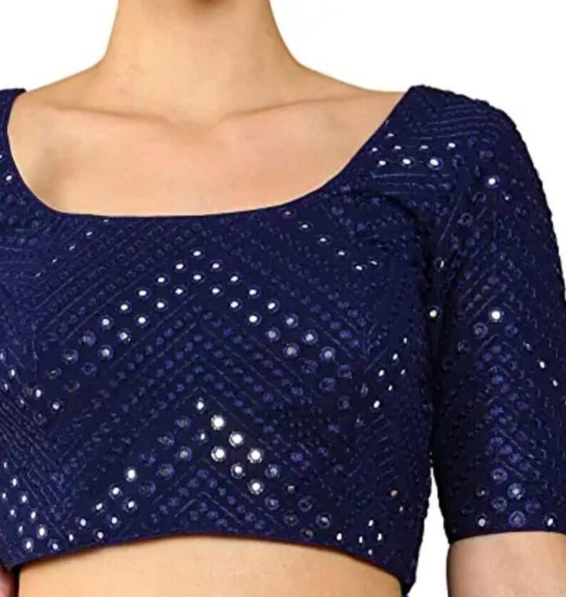 Indian Designer Navy Blue Morror Work Blouse round Neck and - Etsy