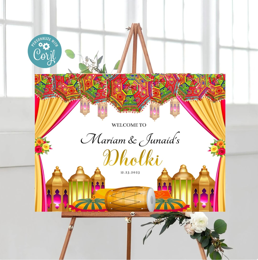 Landcape Mehndi Dholki Yellow Pink Welcome 18x24 Sign, Instant Self ...
