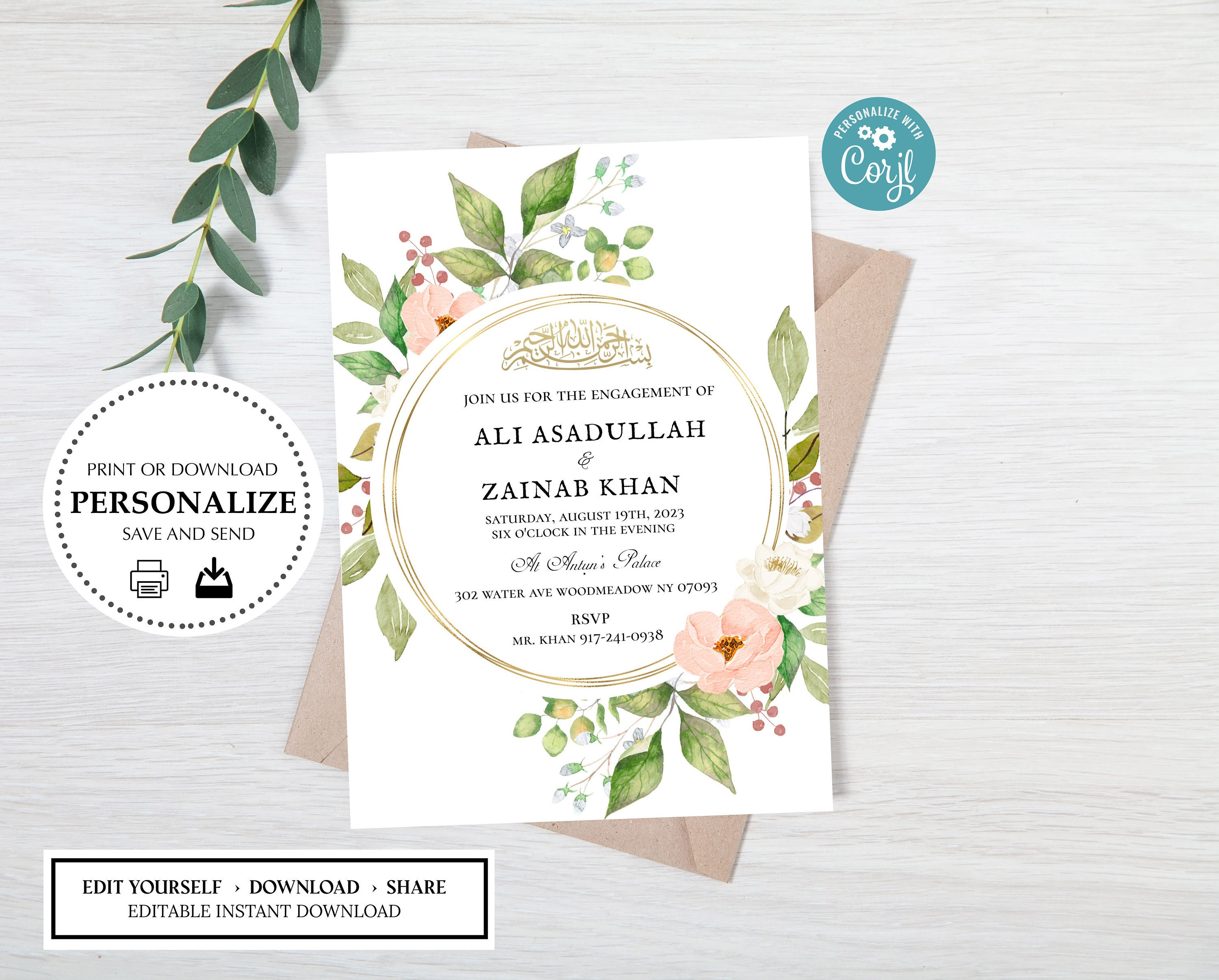 Floral Ring Islamic Invite for Engagement Nikkah Printable Electronic ...