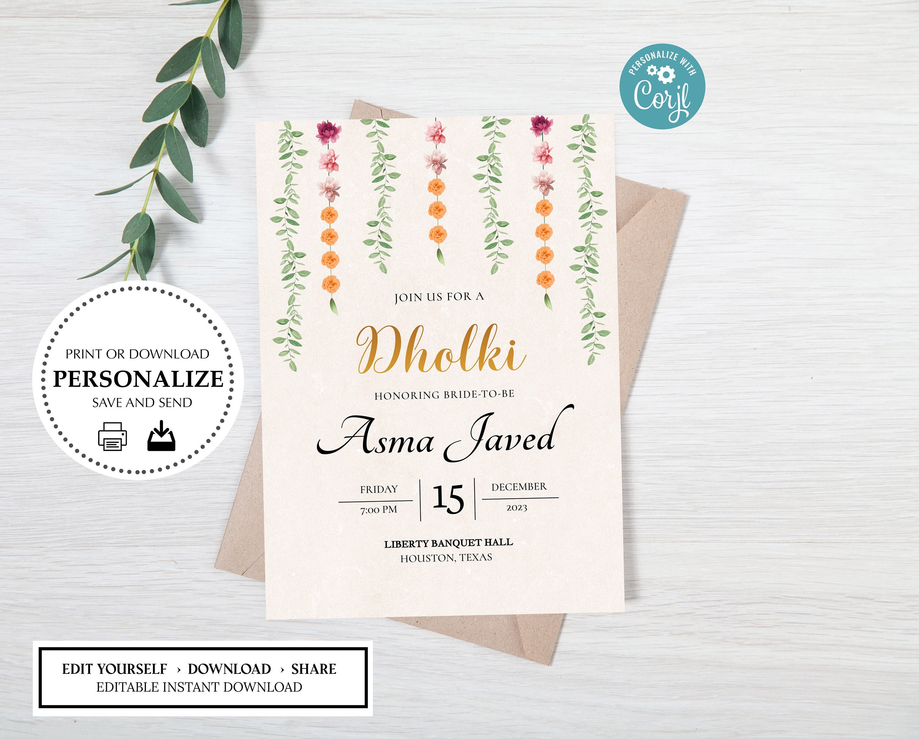 Dholki Mayoun Flower Glarland Printable Electronic Custom Invite ...