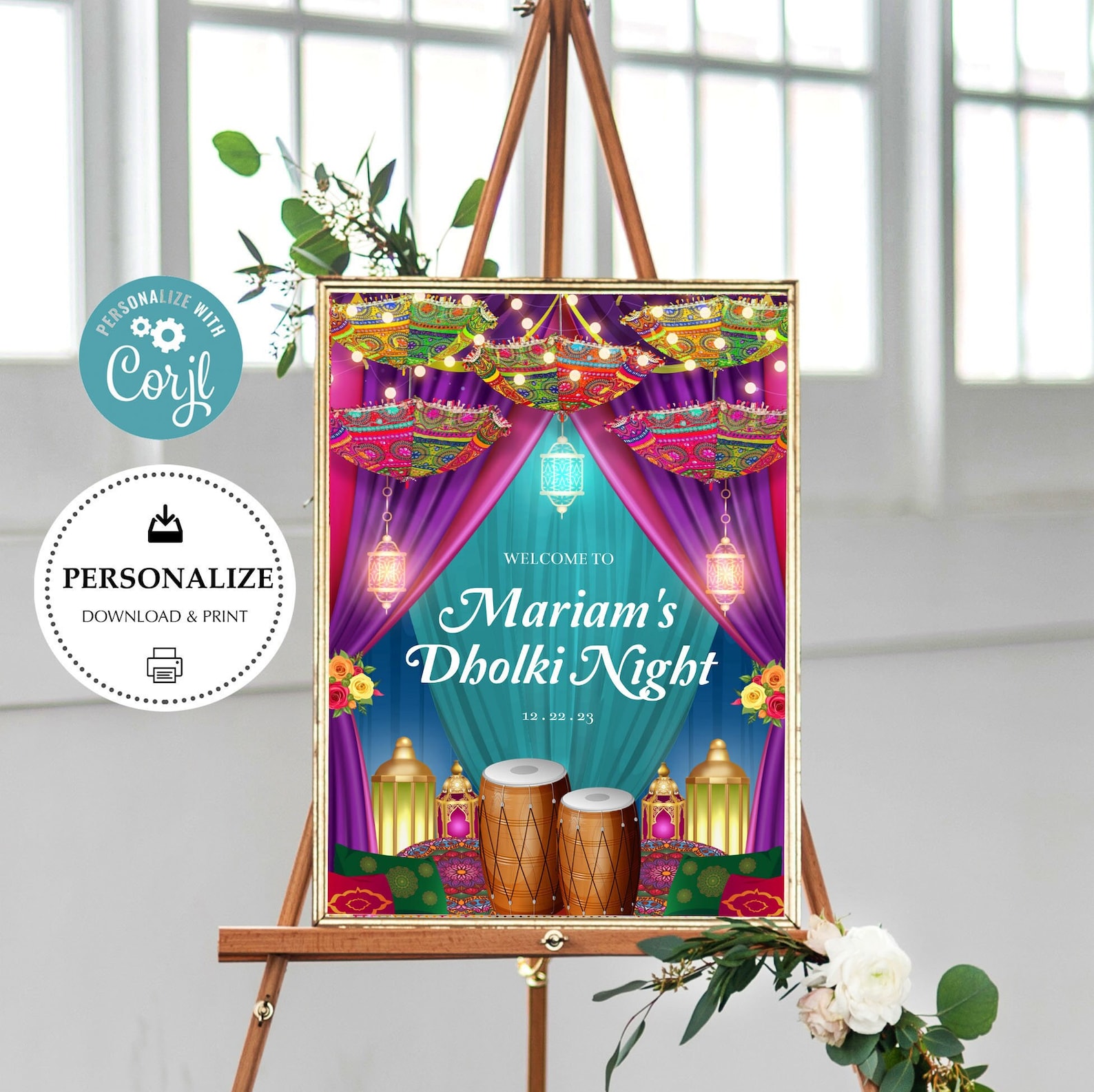 Dholki Welcome Sign, Magenta Blue 18x24in Sign, Instant Self Edit ...