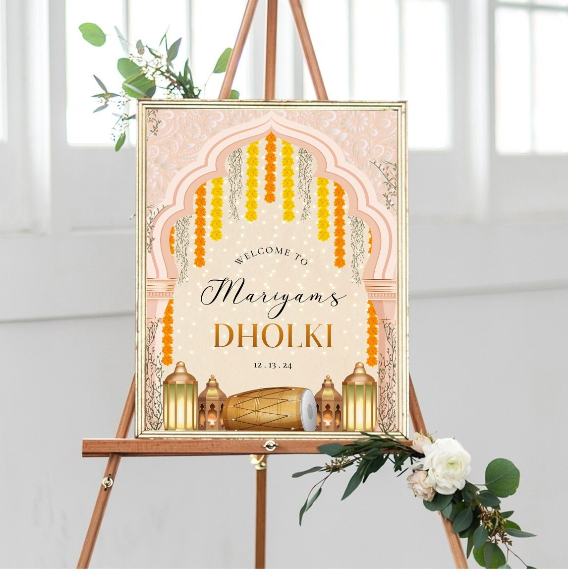 Mehndi Dholki Floral Garland Welcome 18x24 Sign, Instant Self Edit ...