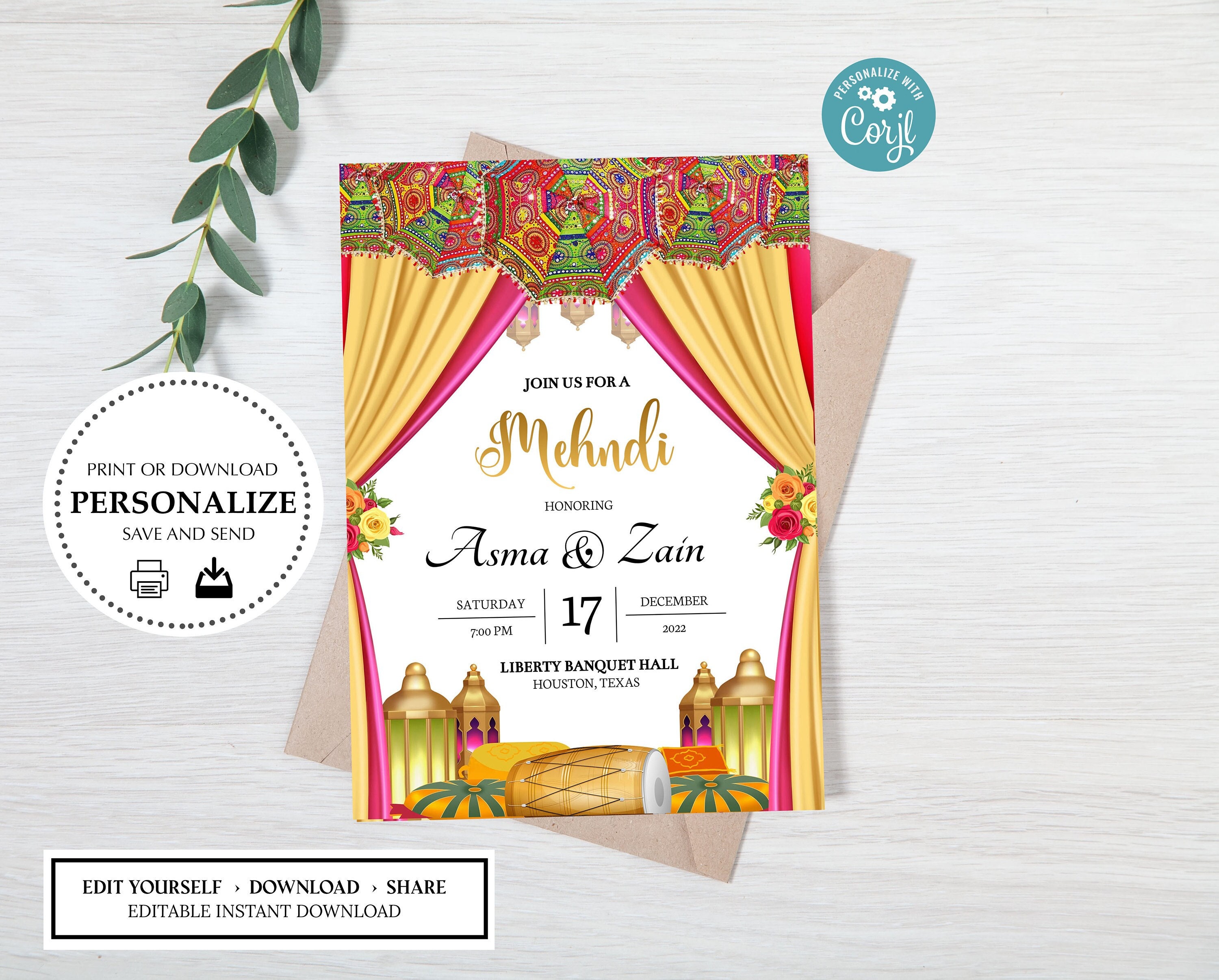 Mehndi Dholki Yellow Pink Umbrella Lantern Dhol Printable Electronic ...