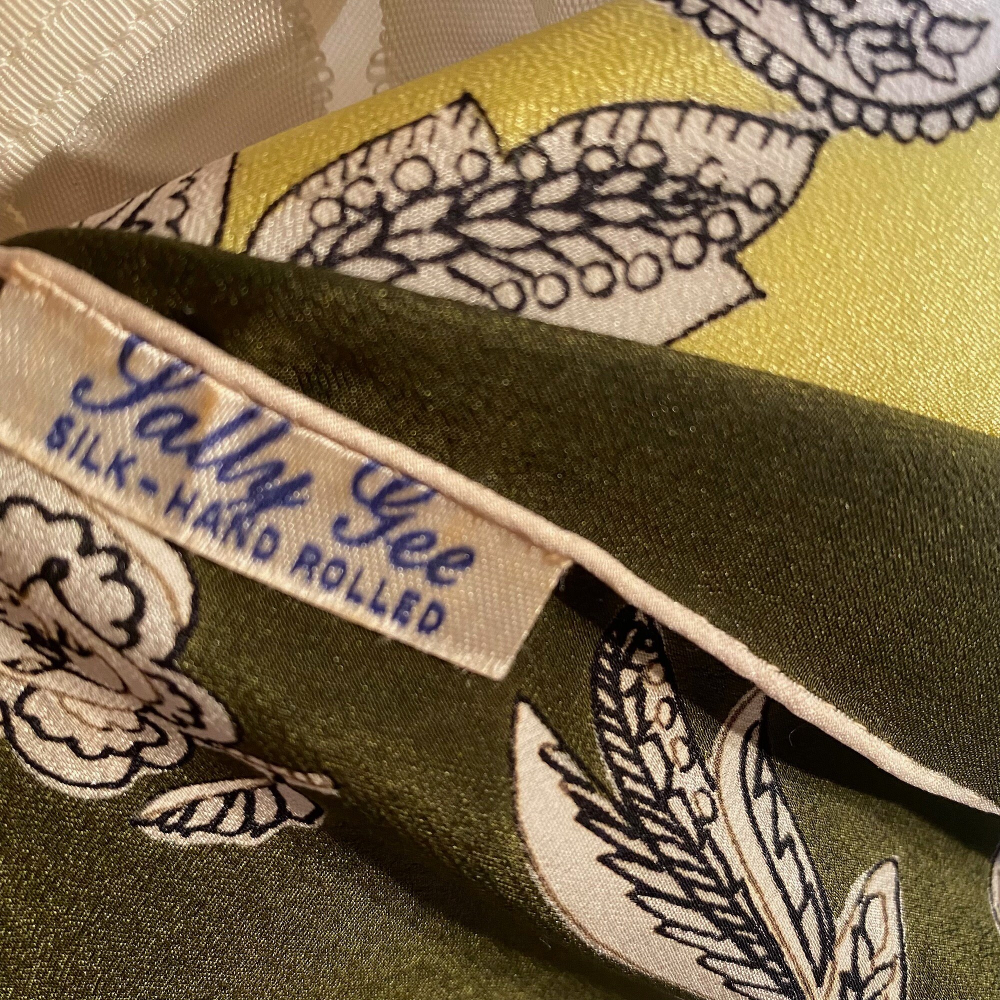 Vintage 1960s Sally Gee Silk Hand Rolled Olive Green White Paisley ...