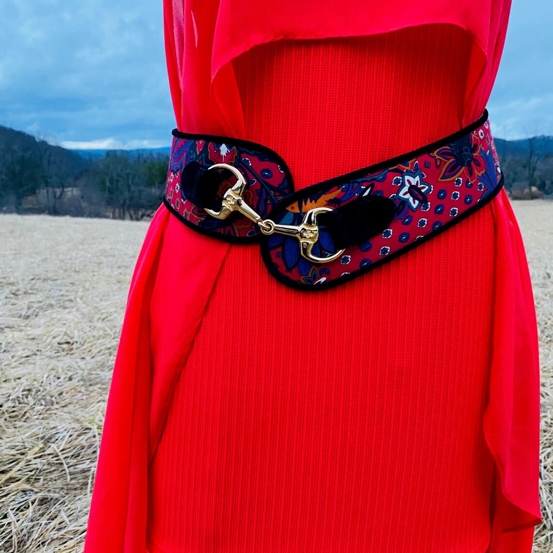 Vintage 1990s Ginnie Johanson Red Gold Statement Belt - Floral Black ...