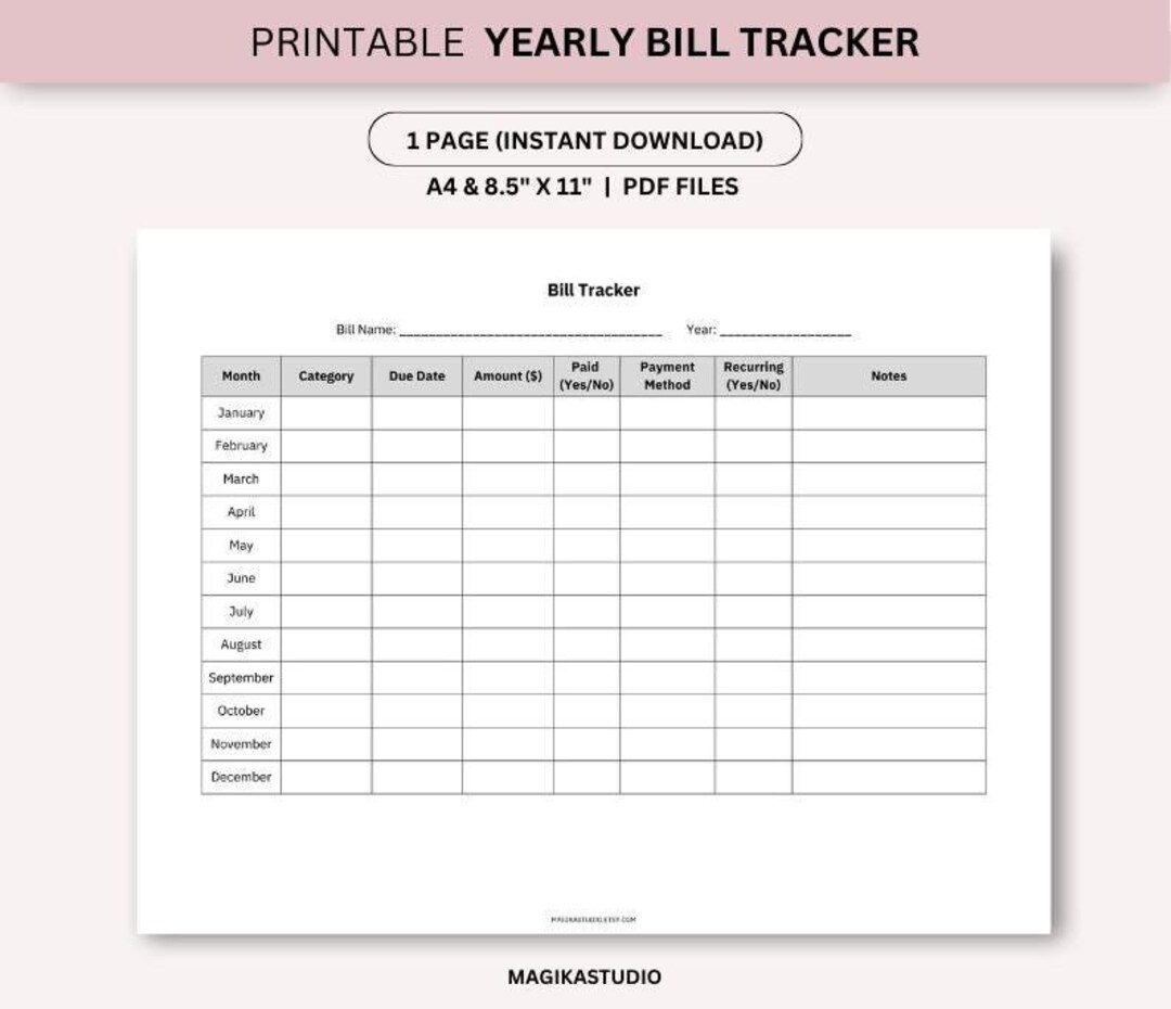 Printable Yearly Bill Tracker, Bills, Payments, and Expenses Planner ...