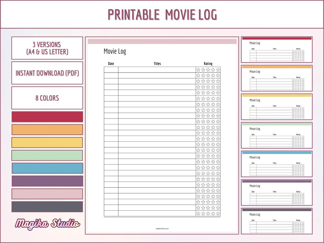 Printable Movie Log, Movie Checklist, Movie Planner, Movie Organization ...