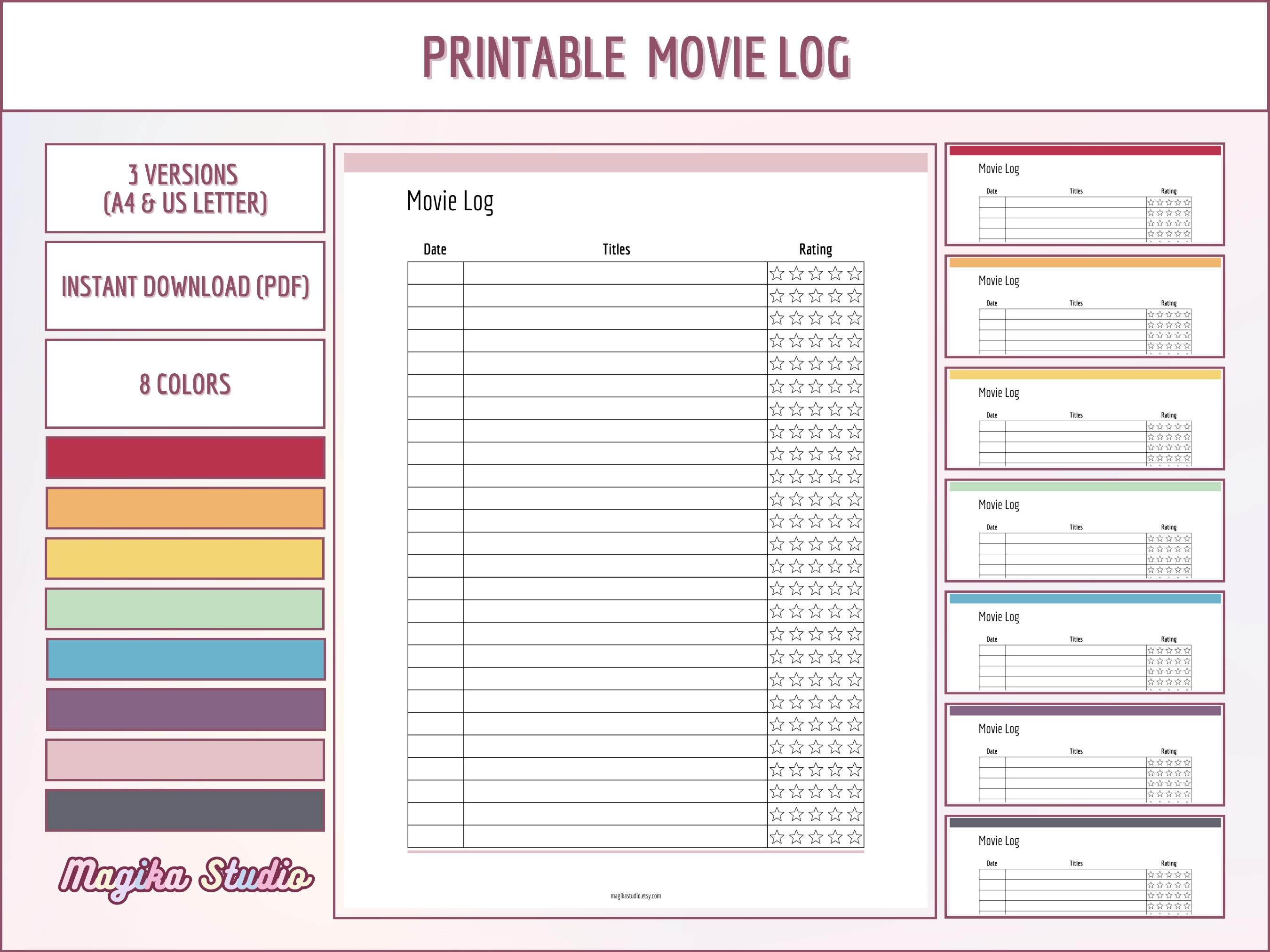 Printable Movie Log, Movie Checklist, Movie Planner, Movie Organization ...