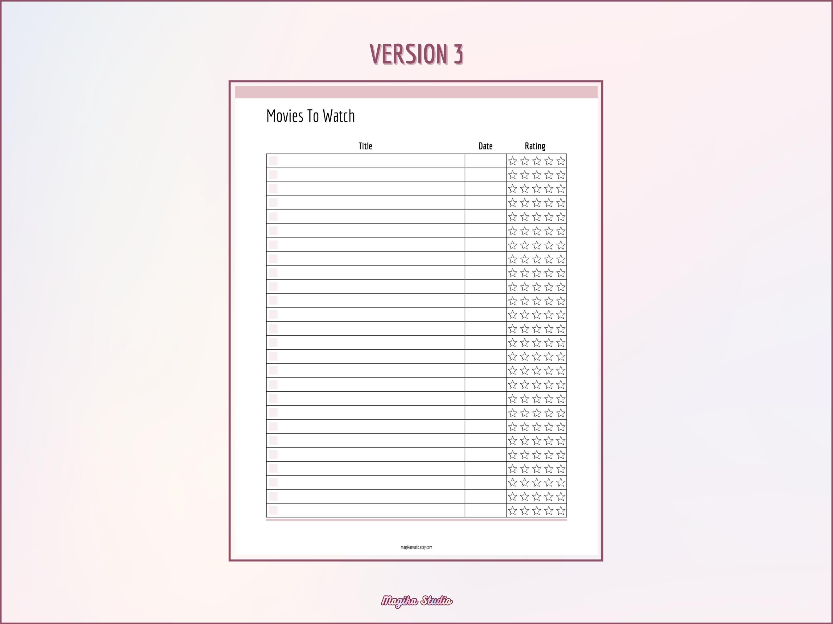 Printable Movie Watchlist, Movie Checklist, Movie Planner, Movie ...