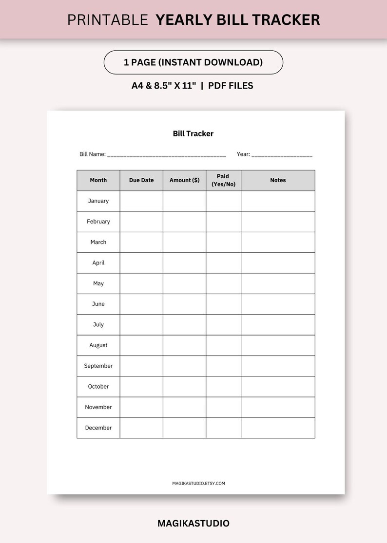 Printable Yearly Bill Tracker, Bills, Payments, and Expenses Planner ...