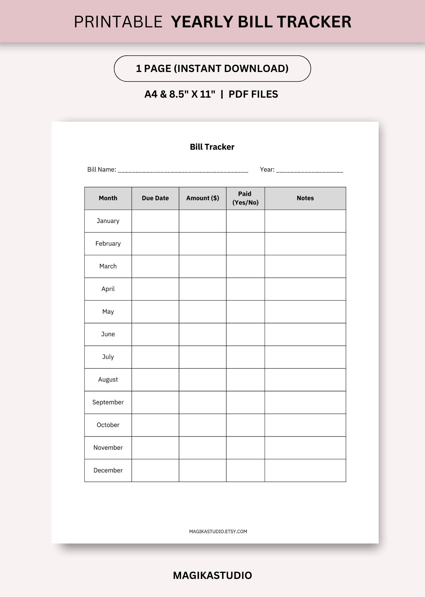 Printable Yearly Bill Tracker, Bills, Payments, and Expenses Planner ...