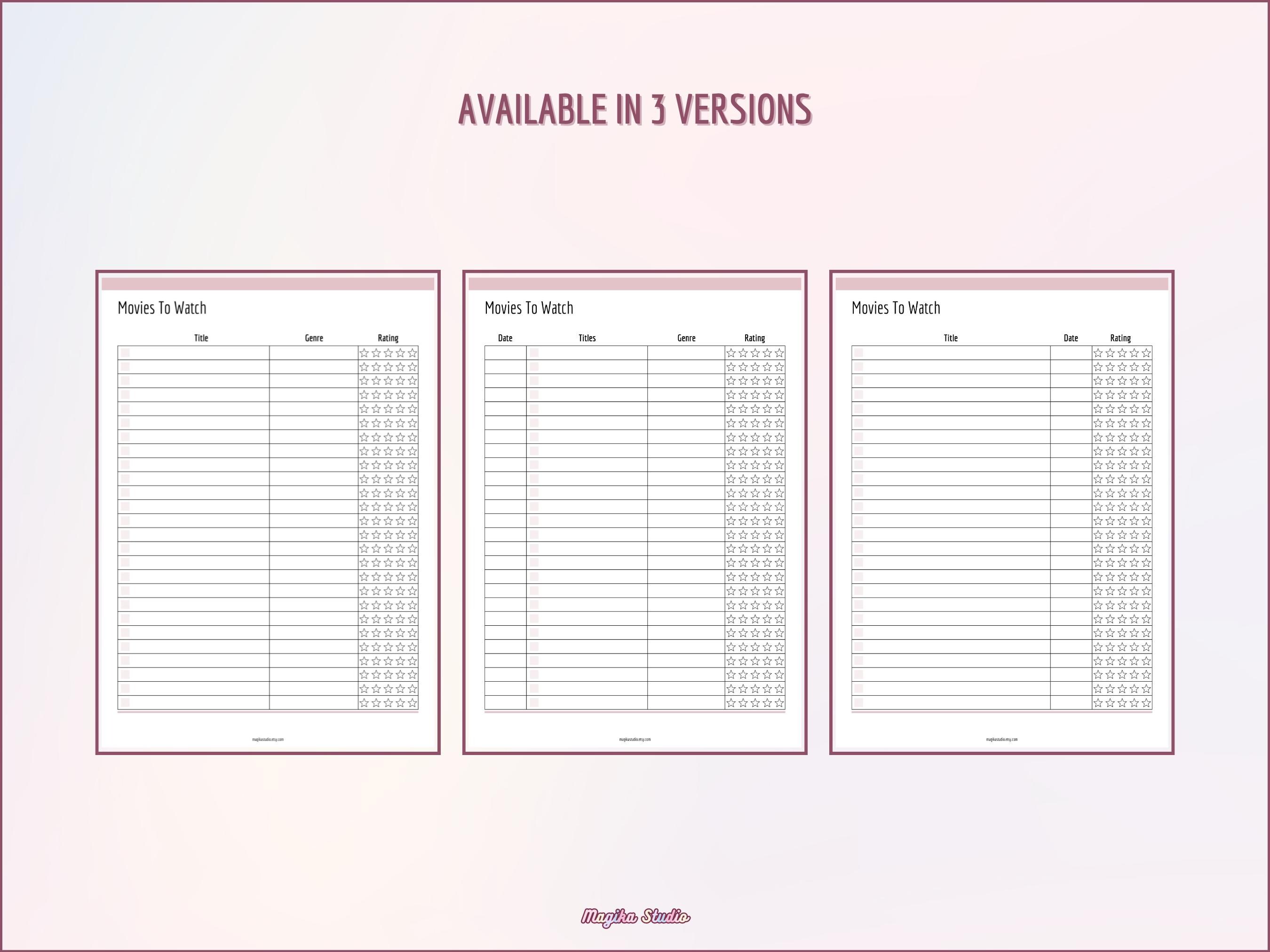 Printable Movie Watchlist, Movie Checklist, Movie Planner, Movie ...