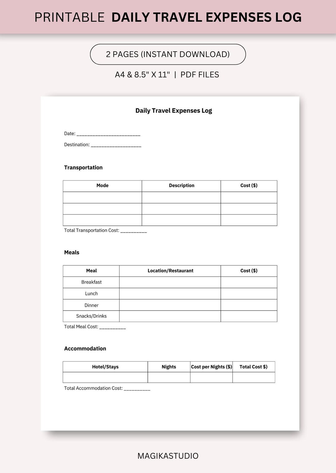 Printable Daily Travel Expenses Log, Expenses Tracker, Vacation ...