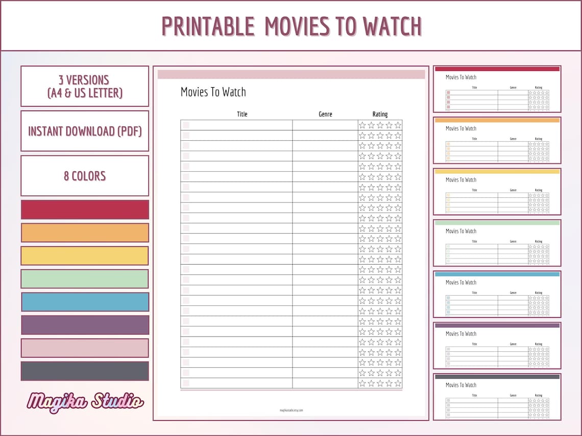Printable Movie Watchlist, Movie Checklist, Movie Planner, Movie ...