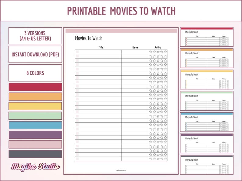 Printable Movie Watchlist, Movie Checklist, Movie Planner, Movie ...