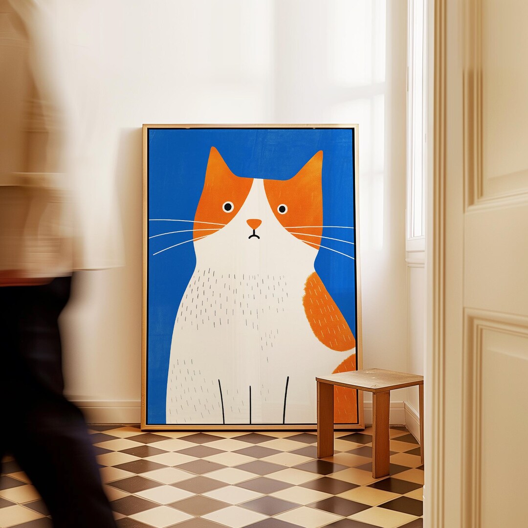 Orange Cat Poster – Blue Minimalist Funny Cat Print, Playful Digital ...