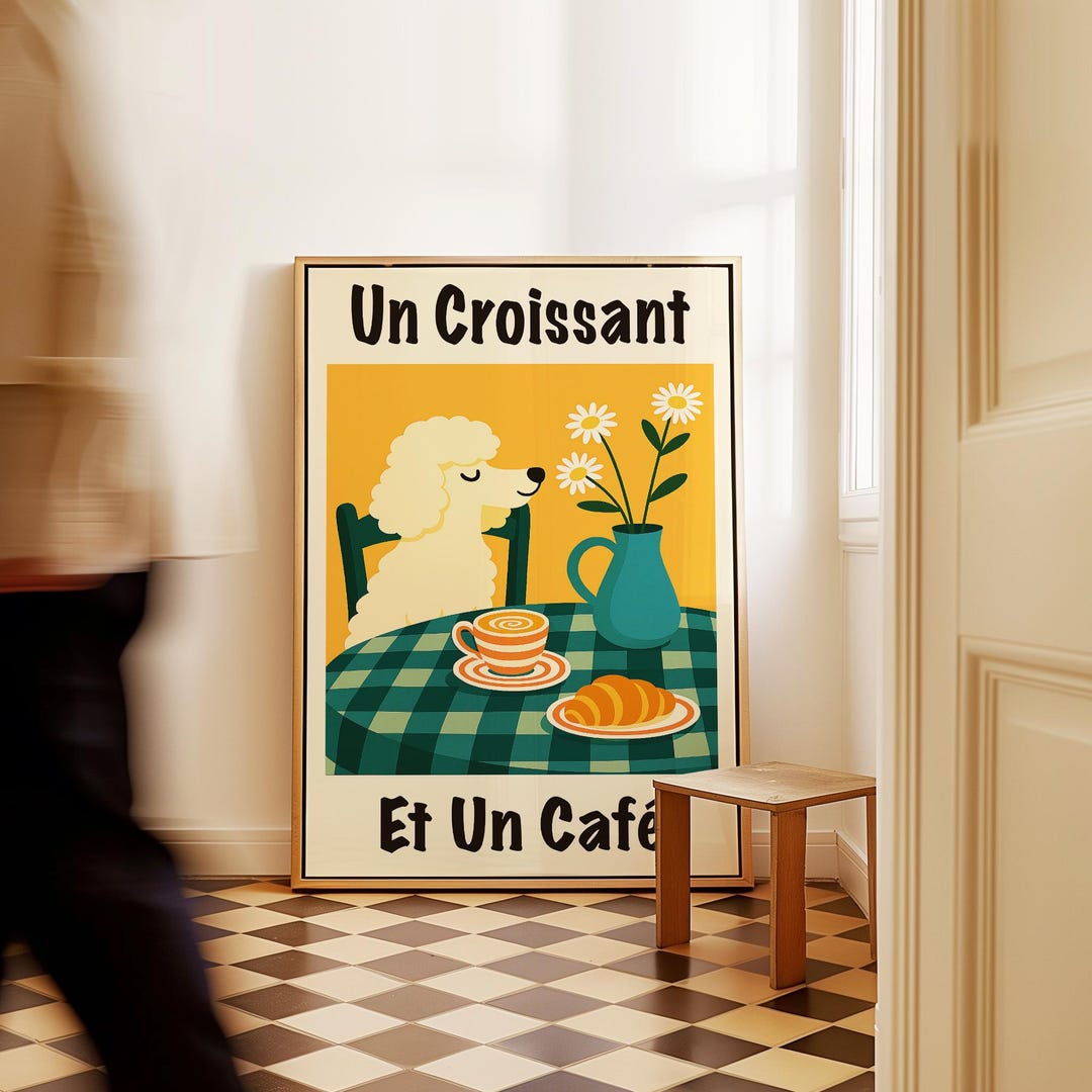 Un Croissant Et Un Café – French Poodle Poster, Whimsical Dog Café ...
