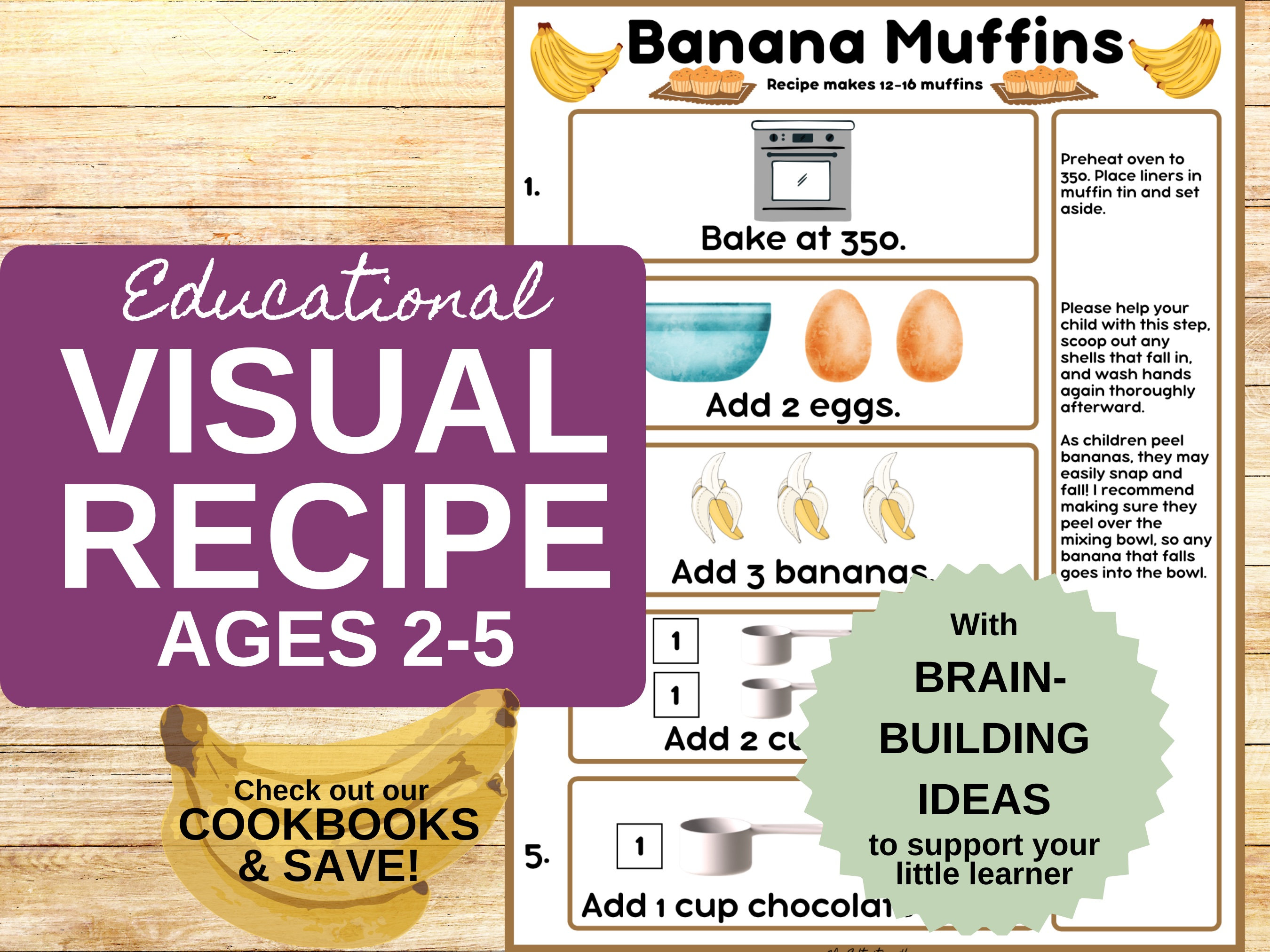 Banana Muffin Toddler Recipe Cards From Kids Cookbook, Birthday Gift 3 ...
