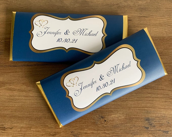 FULLY ASSEMBLED Blue and Gold Wedding Candy Bar Wrappers, Blue and Gold ...