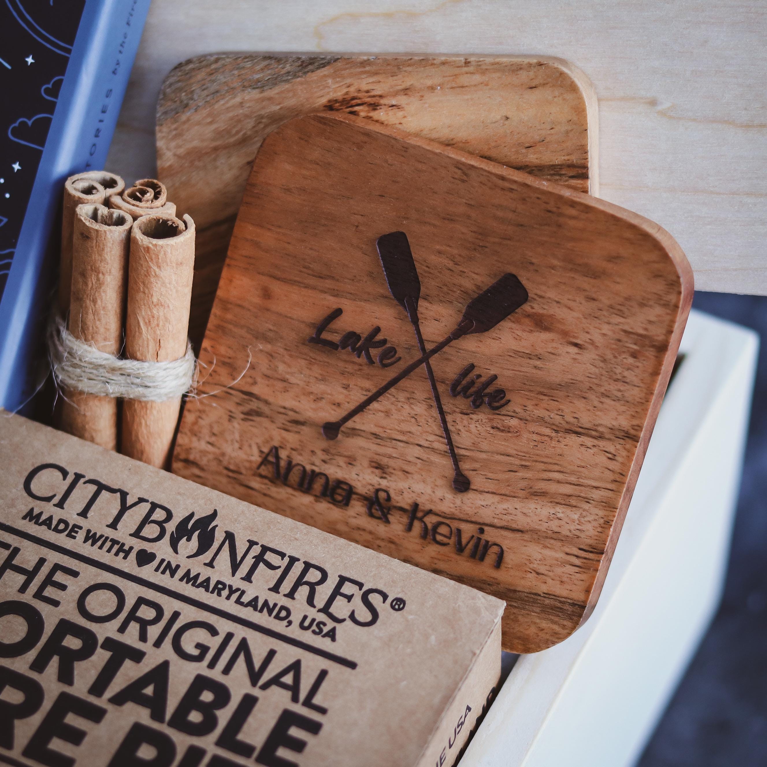 Luxury Lake House Gift Box – Portable Firepit, Engraved Wooden Coasters ...