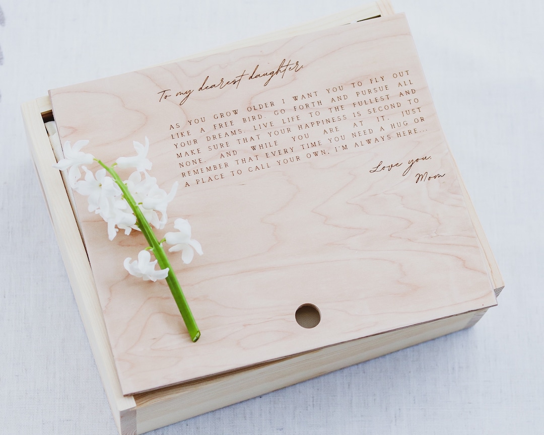 Pine Wood Box With Custom Engraved Message, Wooden Memory Box, Custom ...