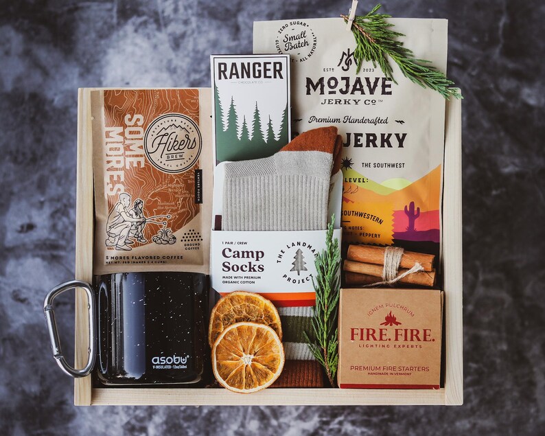 Personalized Camping Gift Box: Campfire Mug, Camp Socks, Jerky, Fire ...