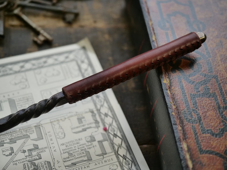 Hand Forged Metal Wand With Stitched Leather Handle - Etsy