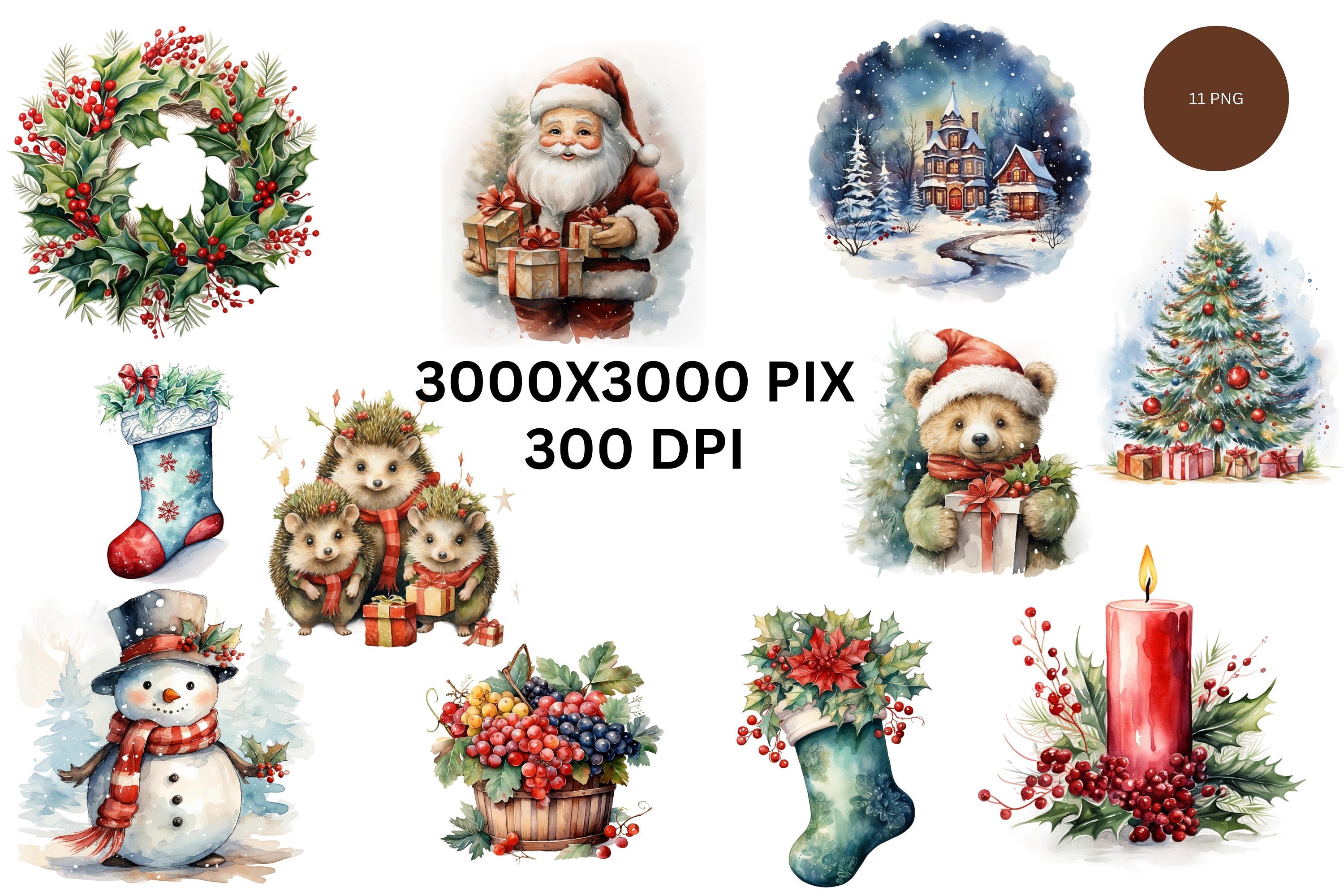 Christmas Watercolor Clipart PNG Bundle , Big Bundle Christmas Clipart ...