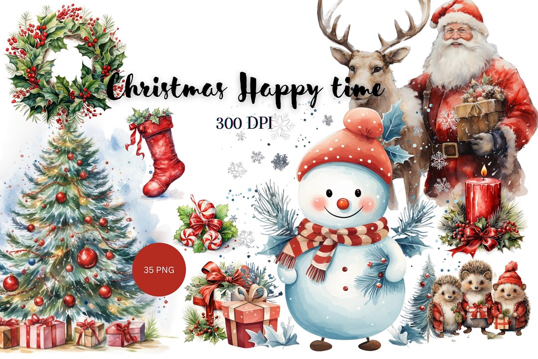 Christmas Watercolor Clipart PNG Bundle , Big Bundle Christmas Clipart ...
