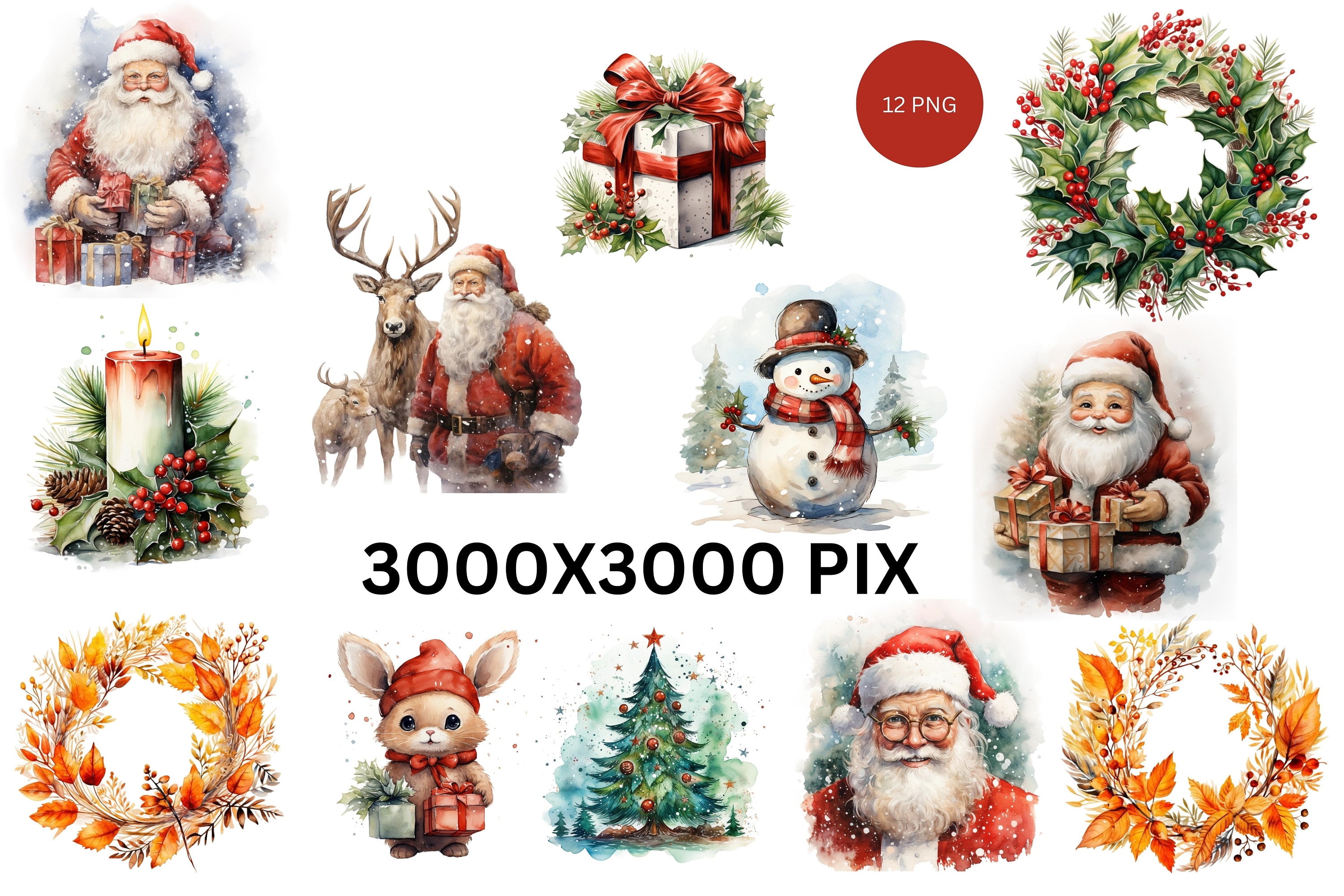 Christmas Watercolor Clipart PNG Bundle , Big Bundle Christmas Clipart ...