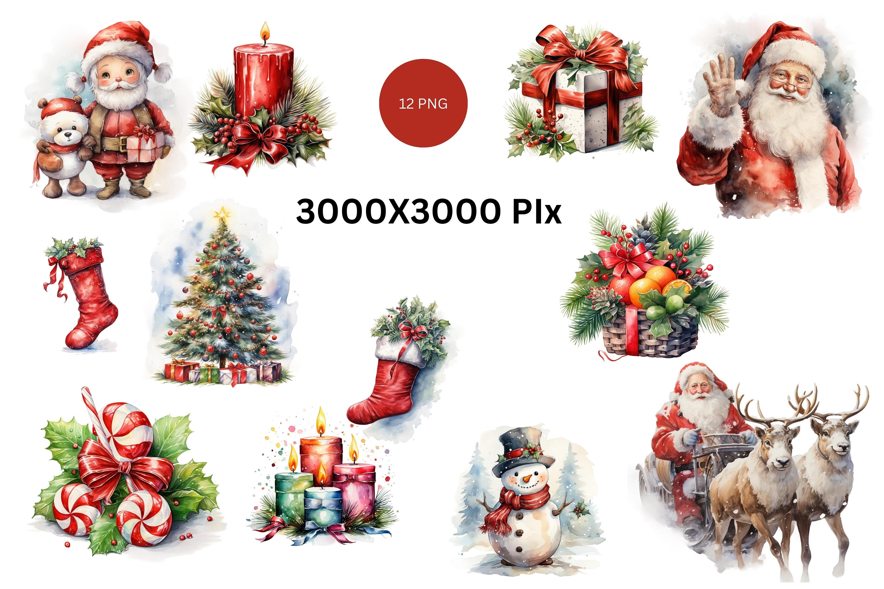 Christmas Watercolor Clipart PNG Bundle , Big Bundle Christmas Clipart ...